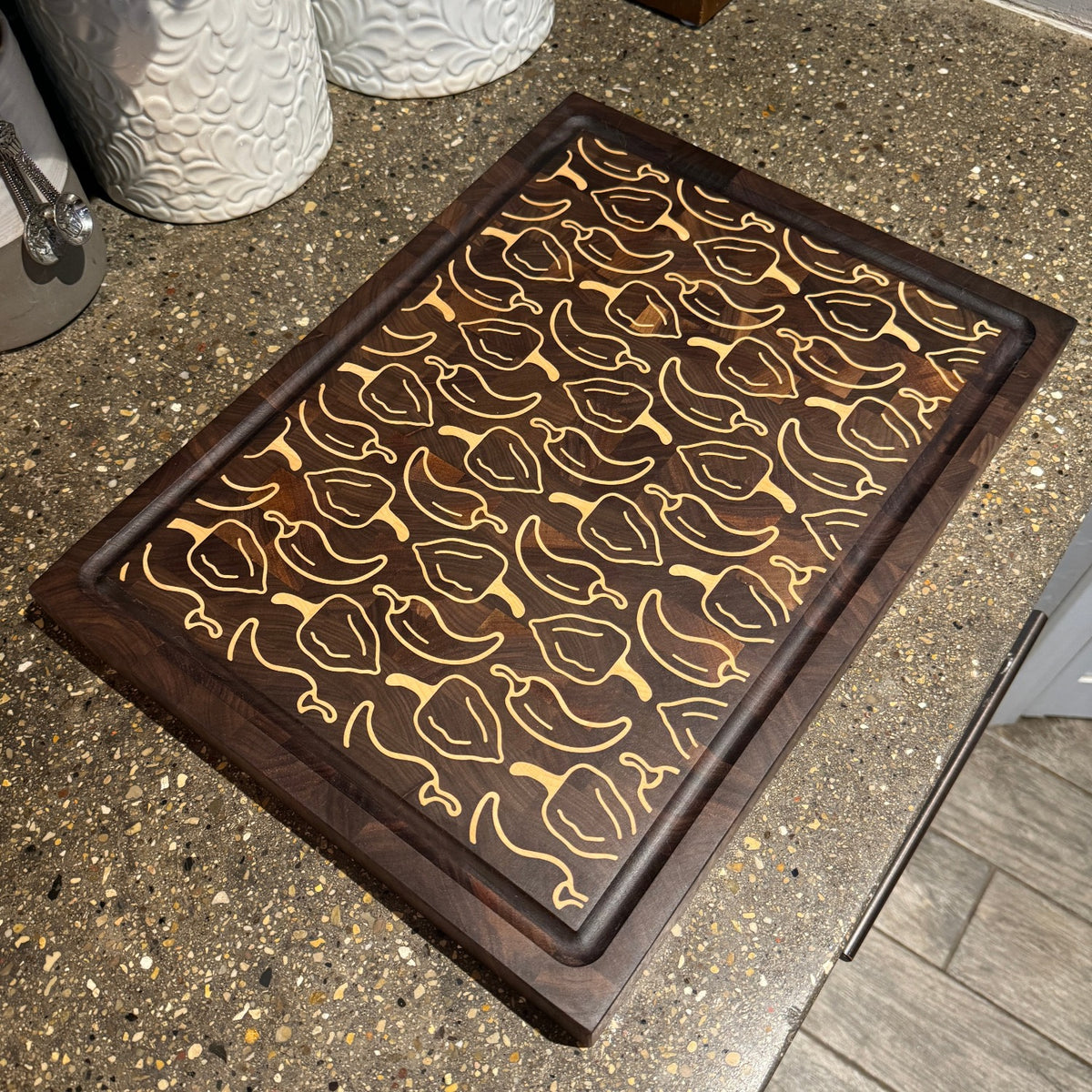 Hot Pepper Inlay Cutting Board - Walnut End Grain Cutting Board