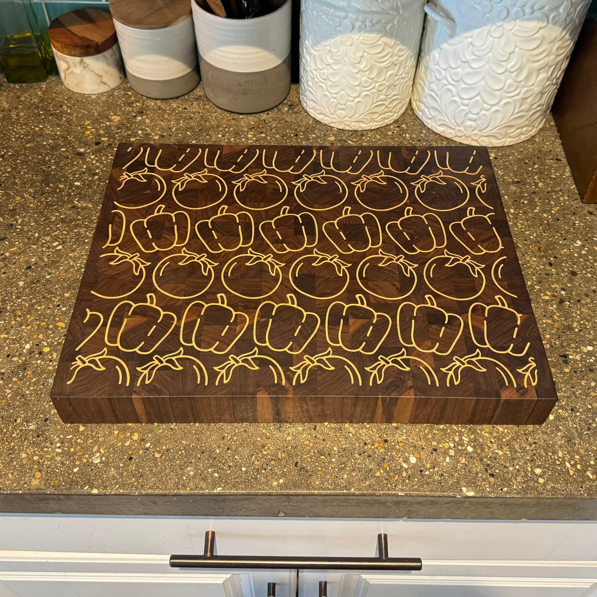 Tomato + Pepper Inlay Cutting Board - Walnut End Grain Cutting Board